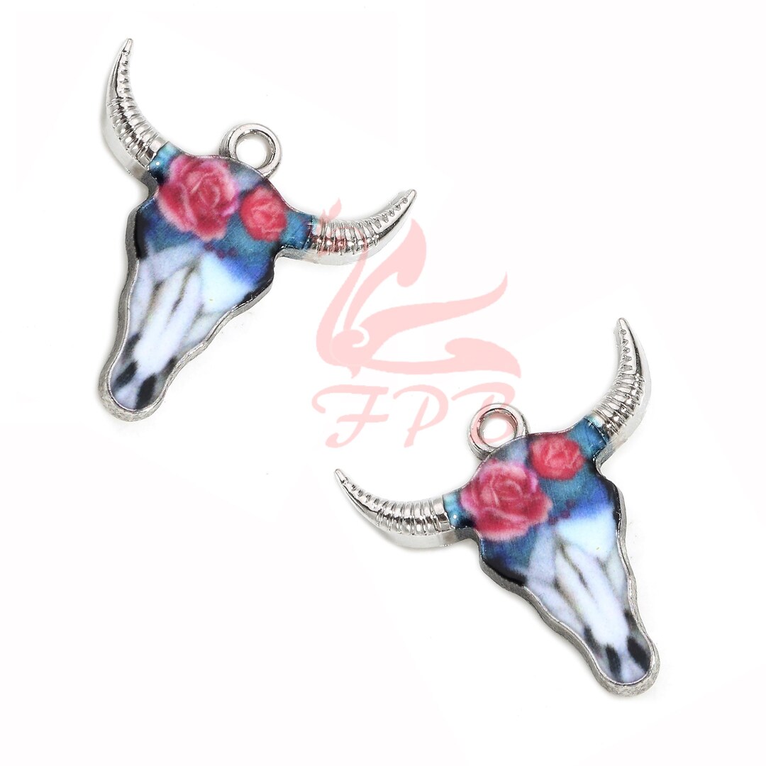 2 Blue Pink Bull Skull Charms 22 Silver Plated Enamel Cow Steer Skull ...