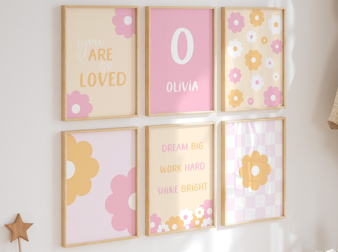 Set of 6 Gallery Wall Set, Custom Name Daisy Prints, Yellow Girl Room ...