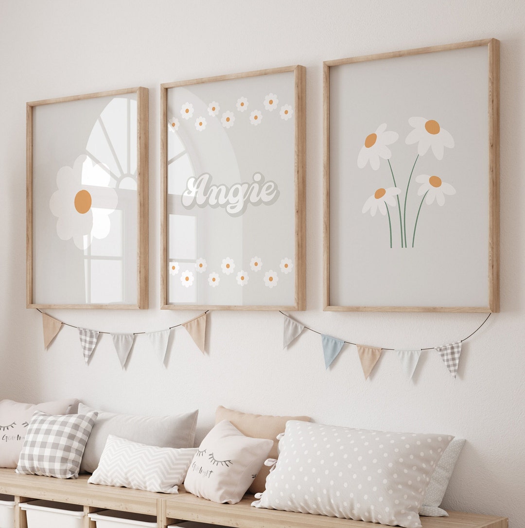 Set of 3 Prints, Daisy Nursery Wall Art, Custom Name Wall Art, Grey ...