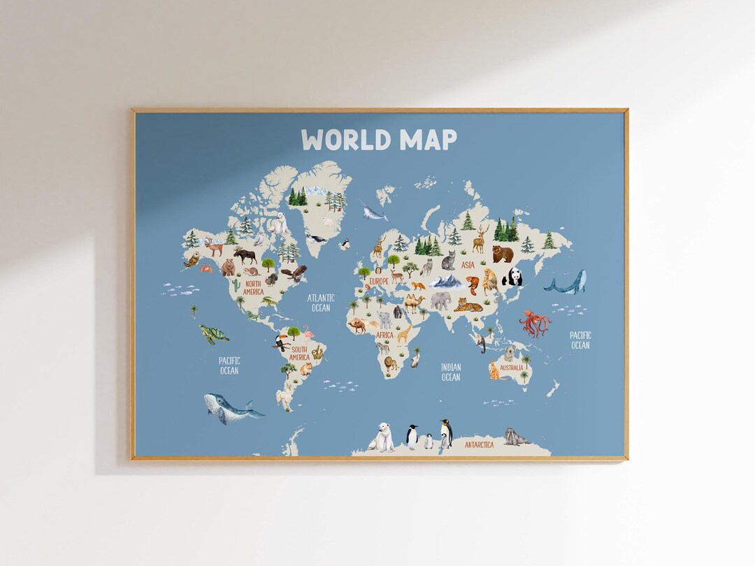 Kids World Map Print, Educational Posters, Animals World Map, Nursery ...
