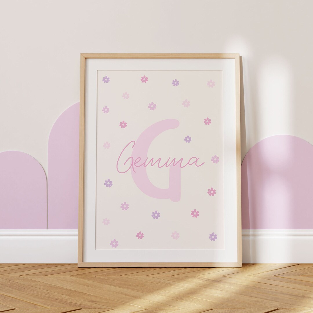 Baby Name Wall Print, Custom Name Nursery Print, Daisy Nursery Wall Art ...
