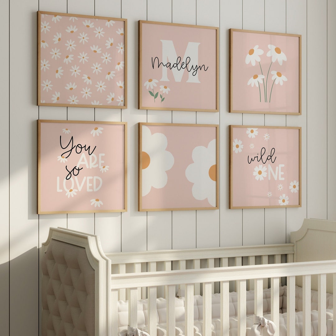 Set of 6 Nursery Prints, Custom Name Nursery, Daisy Wall Art, Pink ...