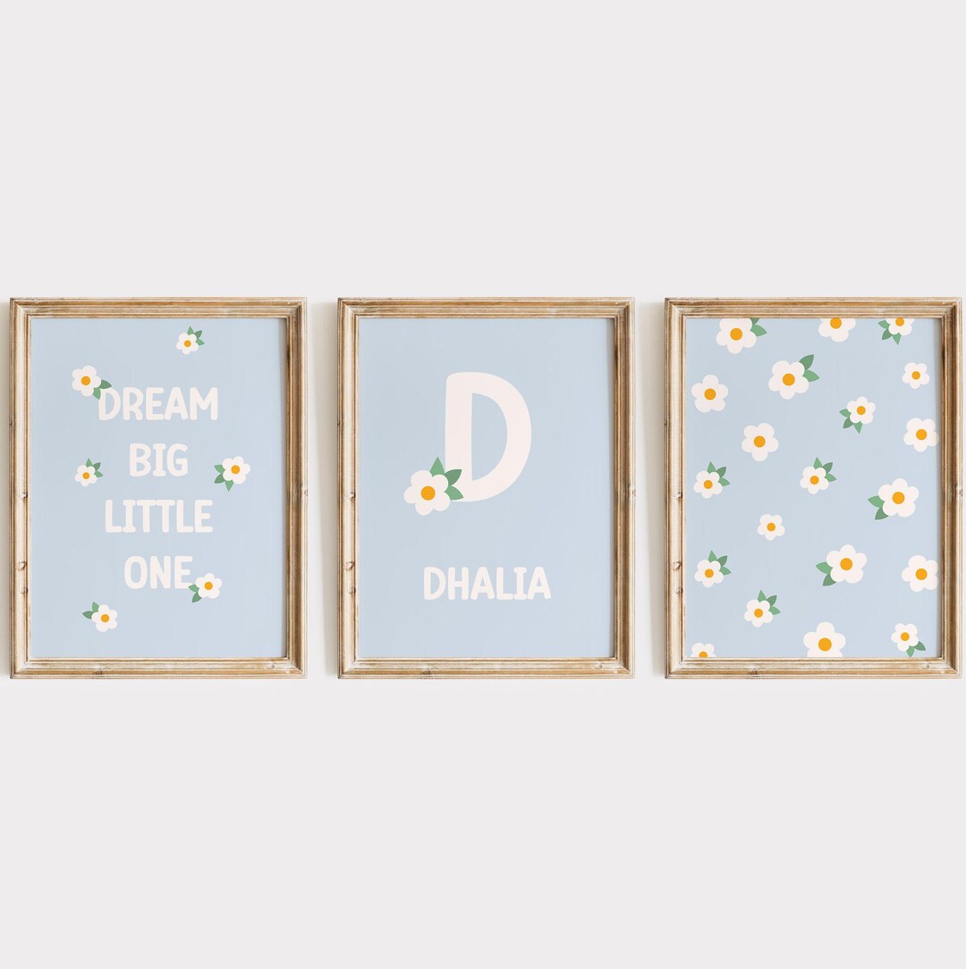 Blue Daisy Prints, Set of 3 Girl Room Prints, Dream Big Little One ...