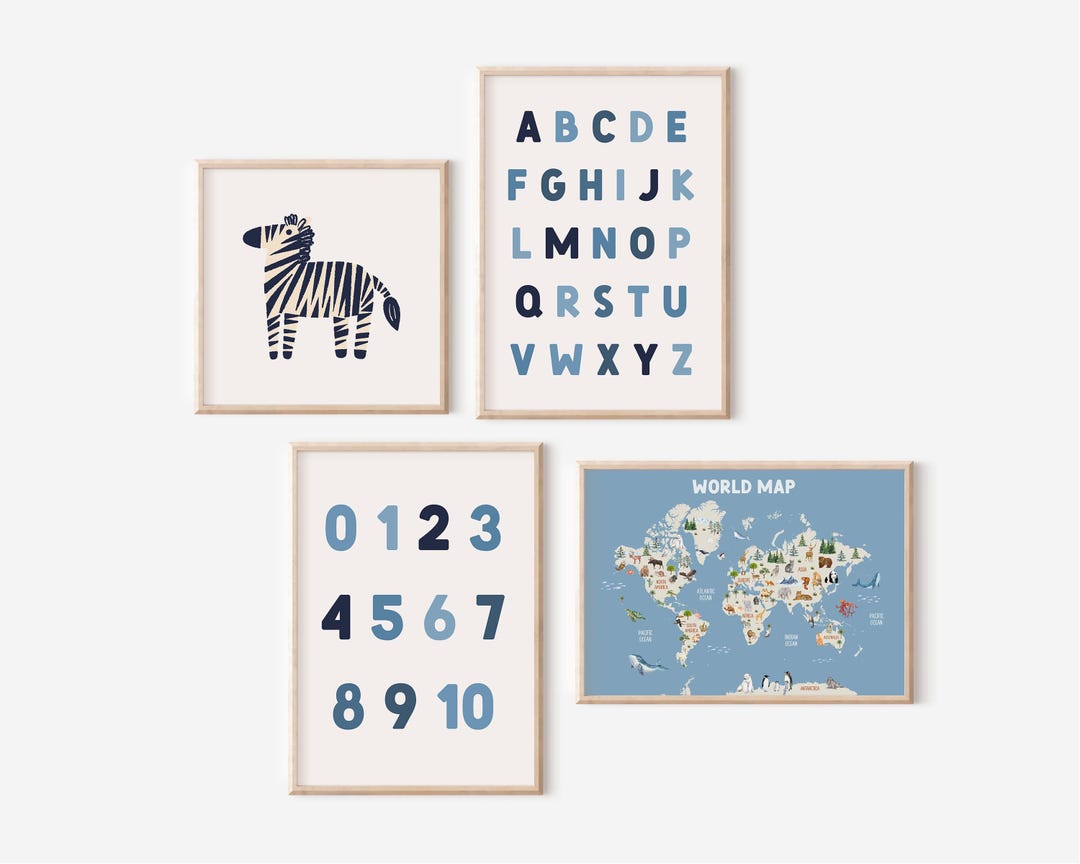 Nursery Prints Set: World Map, Alphabet, Numbers, Zebra (digital ...