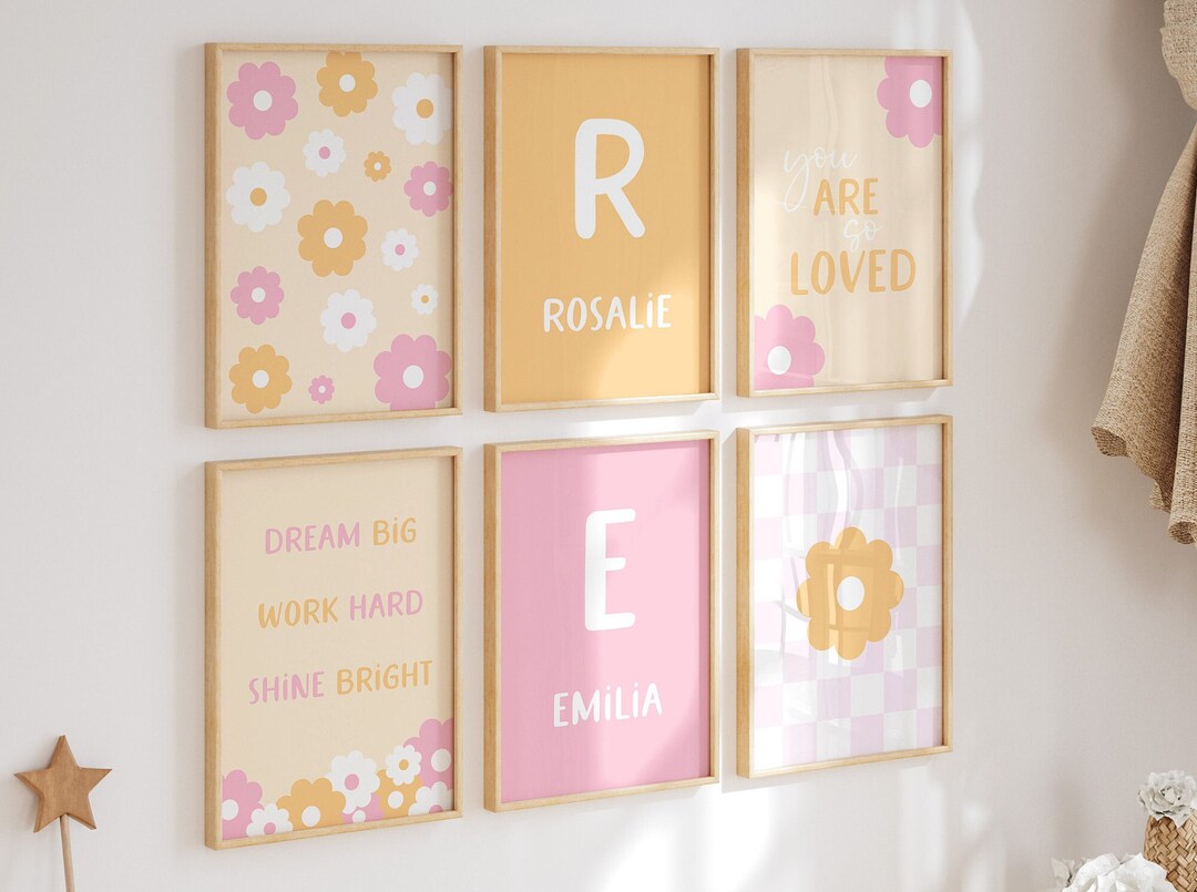 Set of 6 Gallery Wall Set, Siblings Names Daisy Prints, Pink Sisters ...