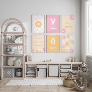Set of 6 Gallery Wall Set, Siblings Names Daisy Prints, Pink Sisters ...