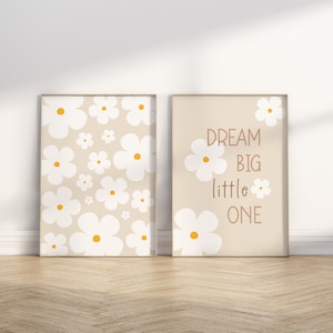 Beige Daisy Posters, Dream Big Little One, Daisy Nursery Wall Art, Boho ...