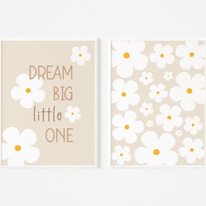 Beige Daisy Posters, Dream Big Little One, Daisy Nursery Wall Art, Boho ...
