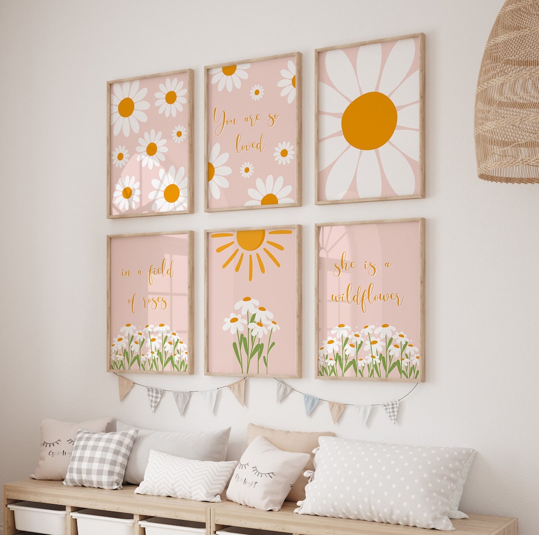 Set of 6 Pink Daisy Wall Print, Daisy Nursery Decor, Baby Registry Idea ...