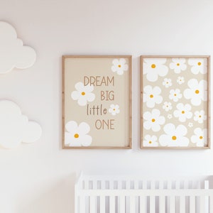Beige Daisy Posters, Dream Big Little One, Daisy Nursery Wall Art, Boho ...