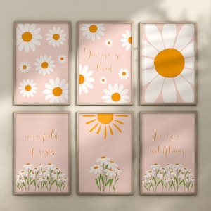 Set of 6 Pink Daisy Wall Print, Daisy Nursery Decor, Baby Registry Idea ...