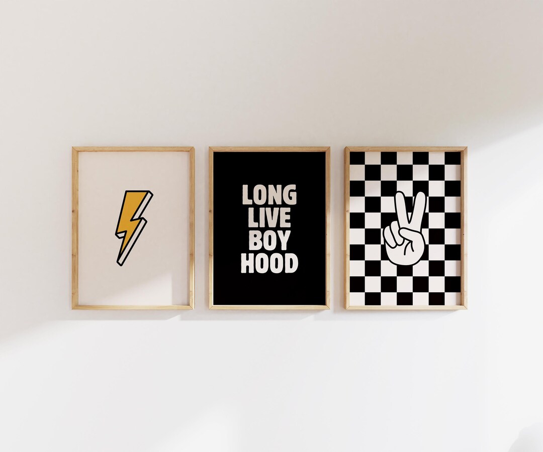 Long Live Boyhood Boy Nursery Prints: Black Lightning Bolt, Checkered ...