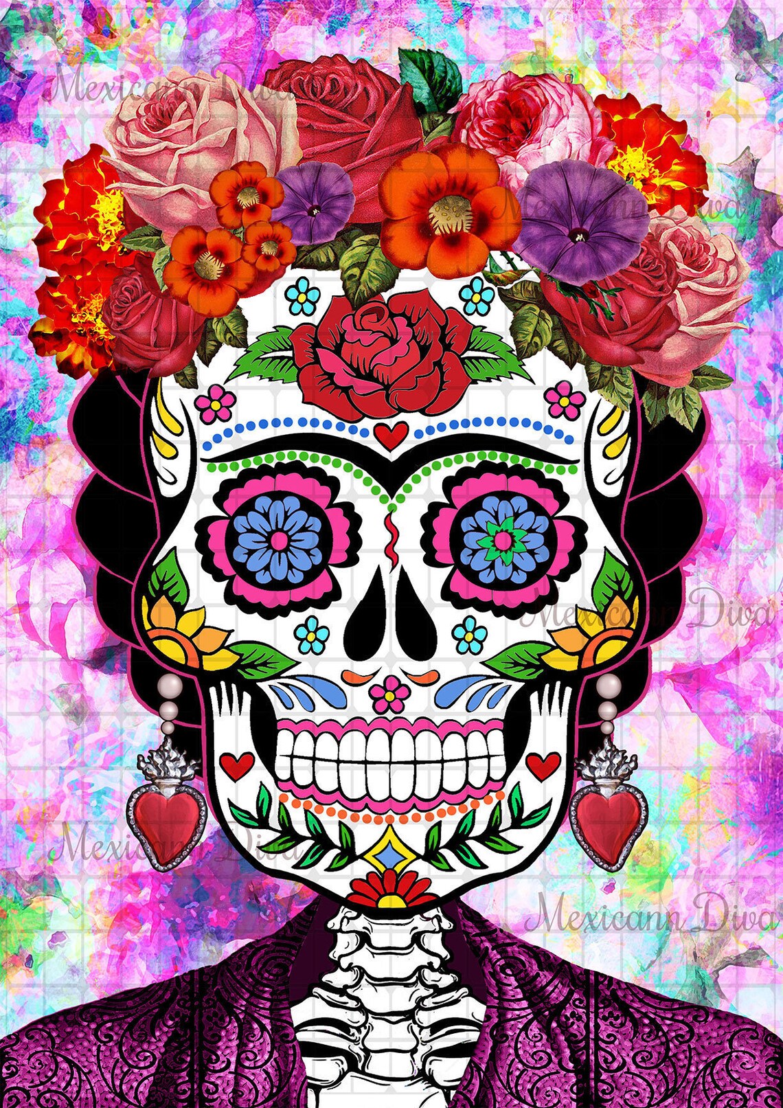 Frida Kahlo Sugar Skull Día de Muertos digital collage Instant | Etsy