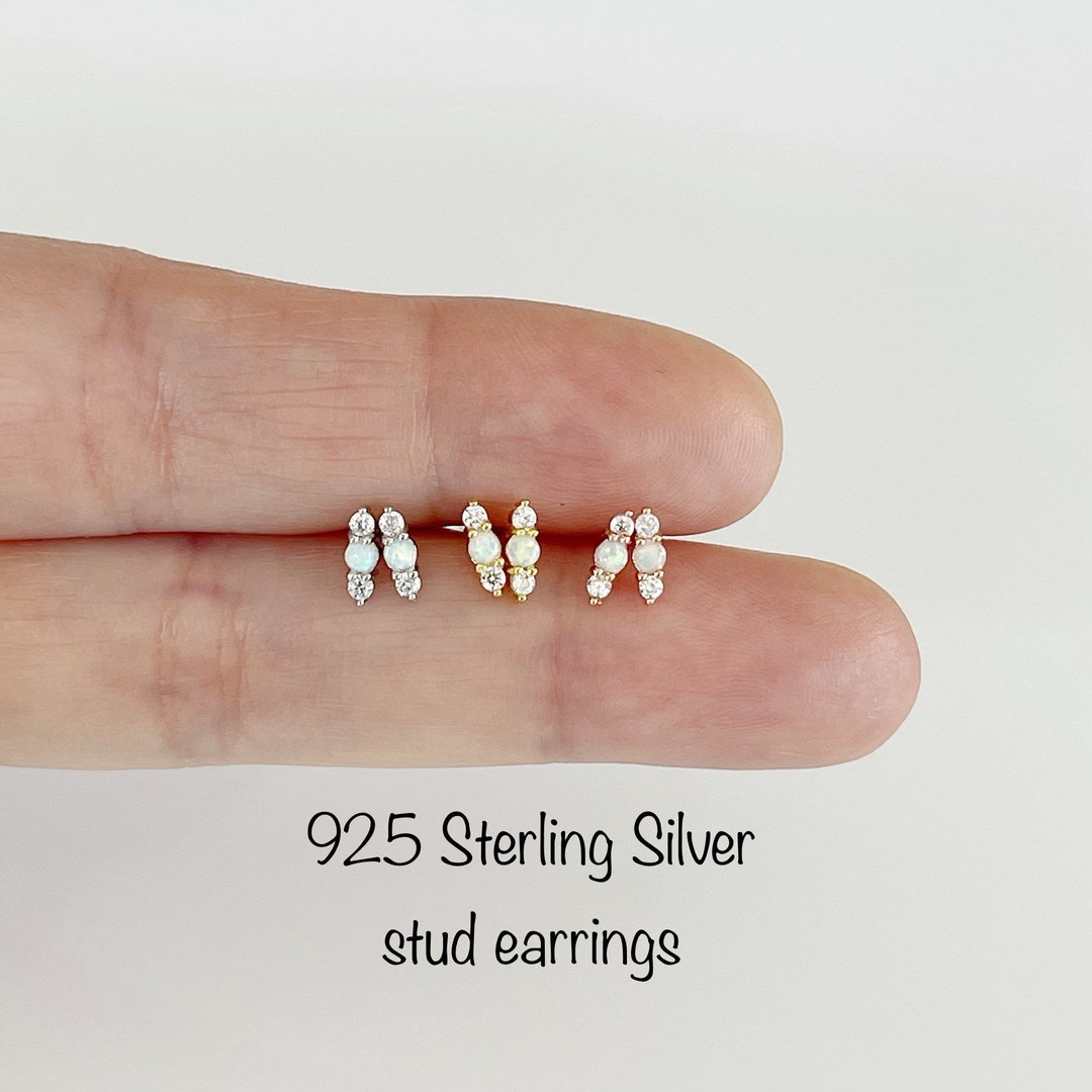 Opal and CZ Bar Earrings (PAIR), 925 Sterling Silver Genuine White Opal ...