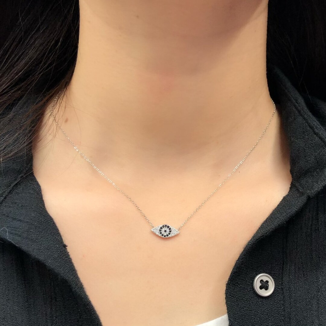 Tiny Evil Eye Necklace 92.5 Sterling Silver Dainty BLACK CZ - Etsy