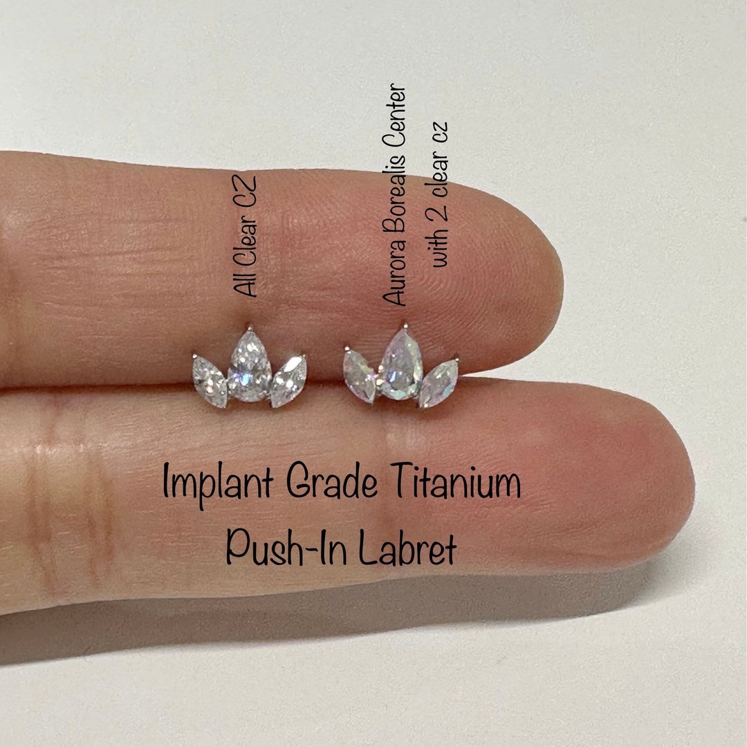 20g 18g 16g Crown CZ Push in Titanium Labret, Pear CZ Between 2 ...