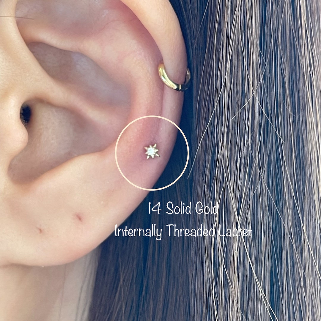 14k Solid Gold Starburst Labret: 18g Internally Threaded Tragus ...