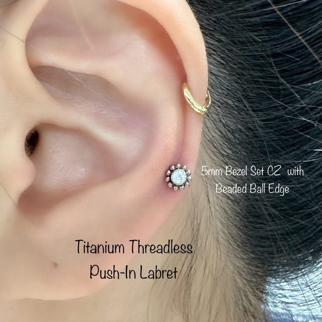 Beaded Ball Edge CZ Titanium Labret: 16g/18g/20g Push-in Piercing - Etsy