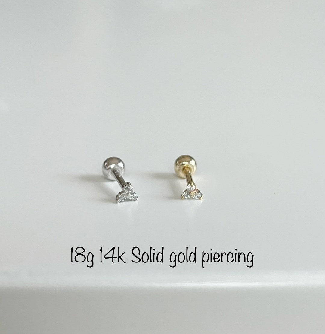 14k Solid Gold Trinity Piercing: Teeny Tiny Three Stone Helix Earring ...