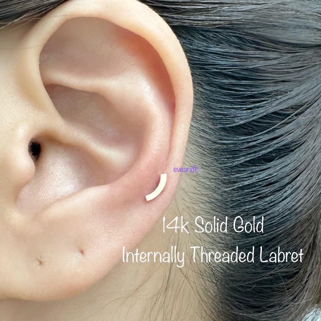18g 14k Solid Gold Dainty Curved Bar Internally Threaded Labret Tragus ...