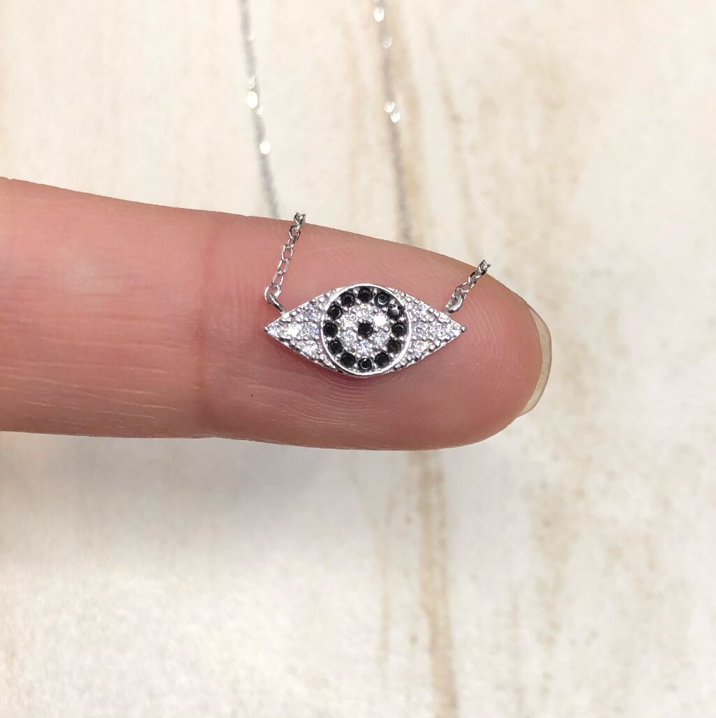 Tiny Evil Eye Necklace 92.5 Sterling Silver Dainty BLACK CZ - Etsy
