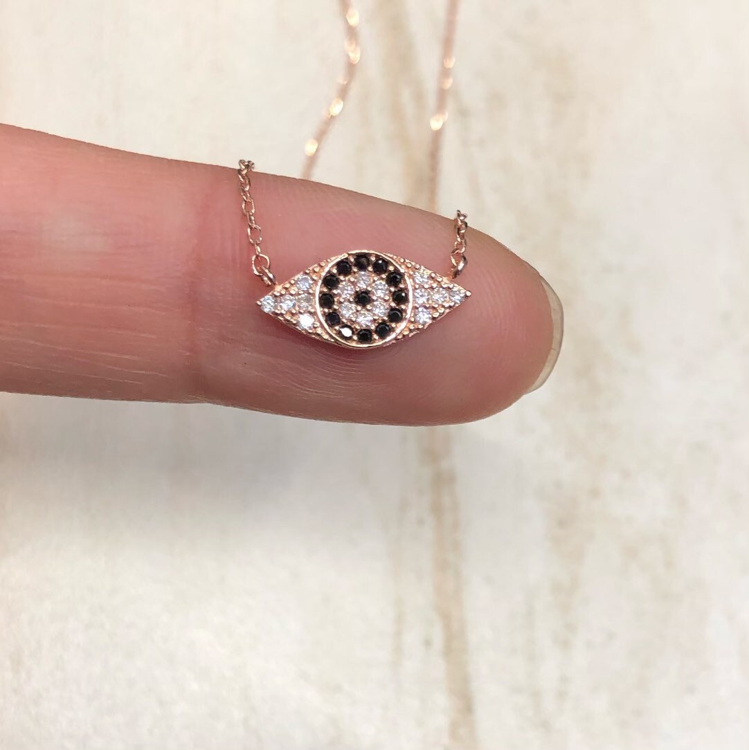 Tiny Evil Eye Necklace 92.5 Sterling Silver Dainty BLACK CZ - Etsy