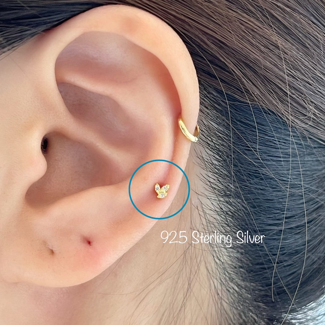 Tiny Leaf CZ Sterling Silver Cartilage Piercing (single) - Etsy