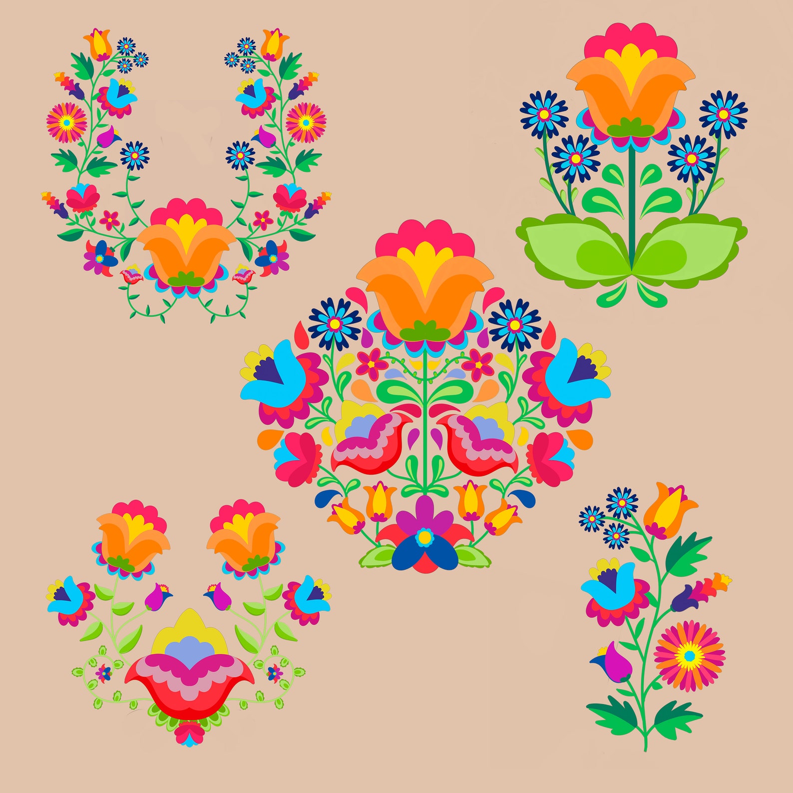 Mexican Embroidery Elements Mexican Flowers Clip Art Etsy