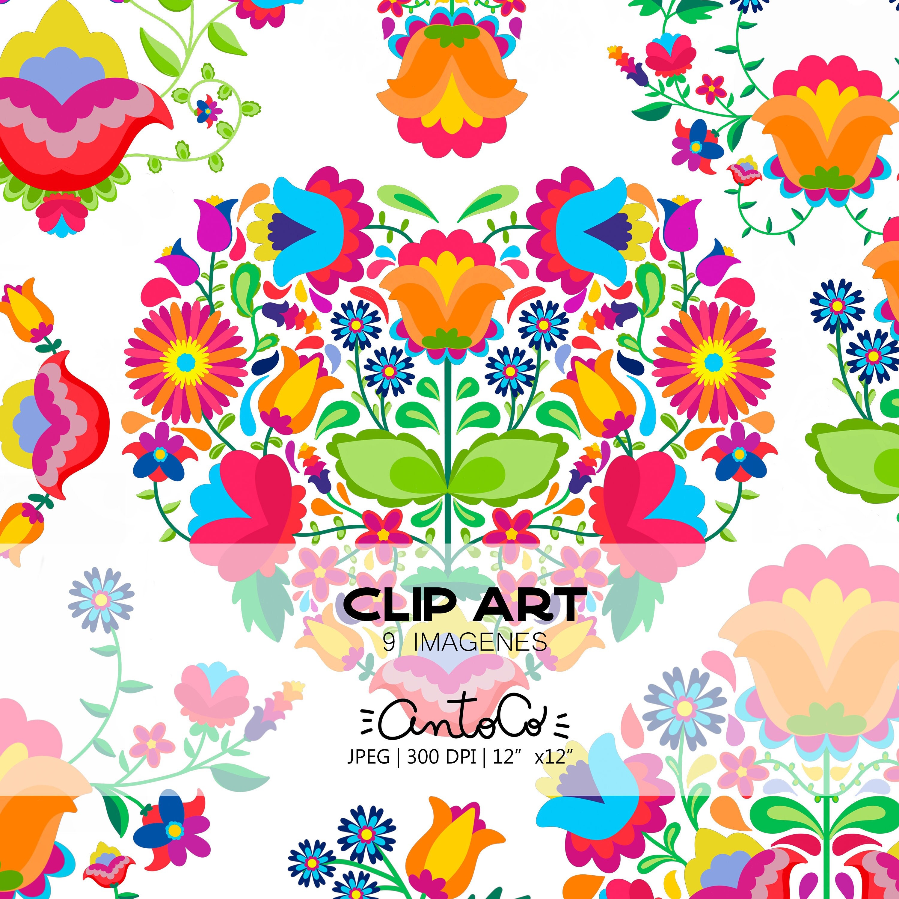 Mexican Embroidery Elements Mexican Flowers Clip Art Etsy