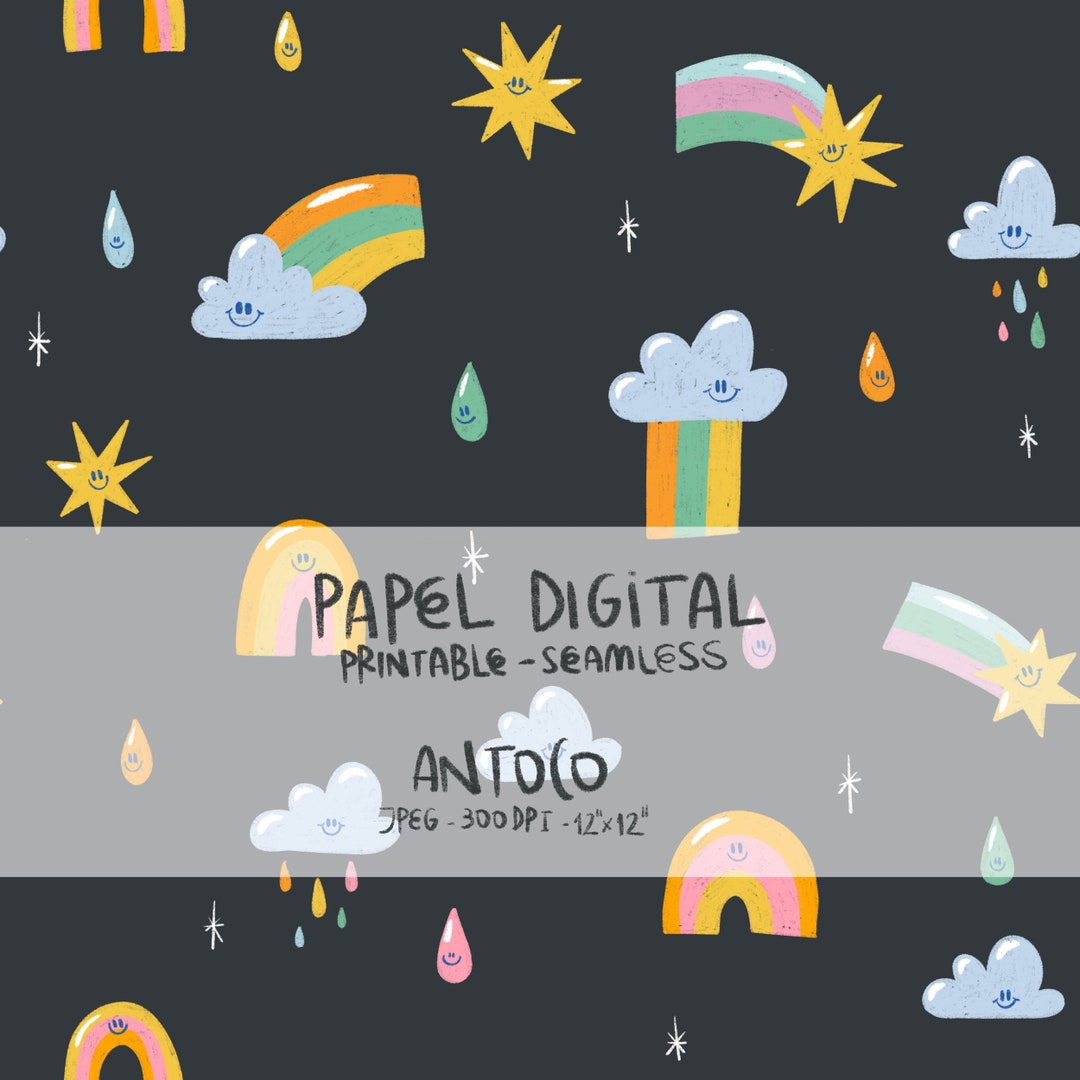 Rainbow Clouds Rain Stars Digital Paper - Seamless - Instant Download ...