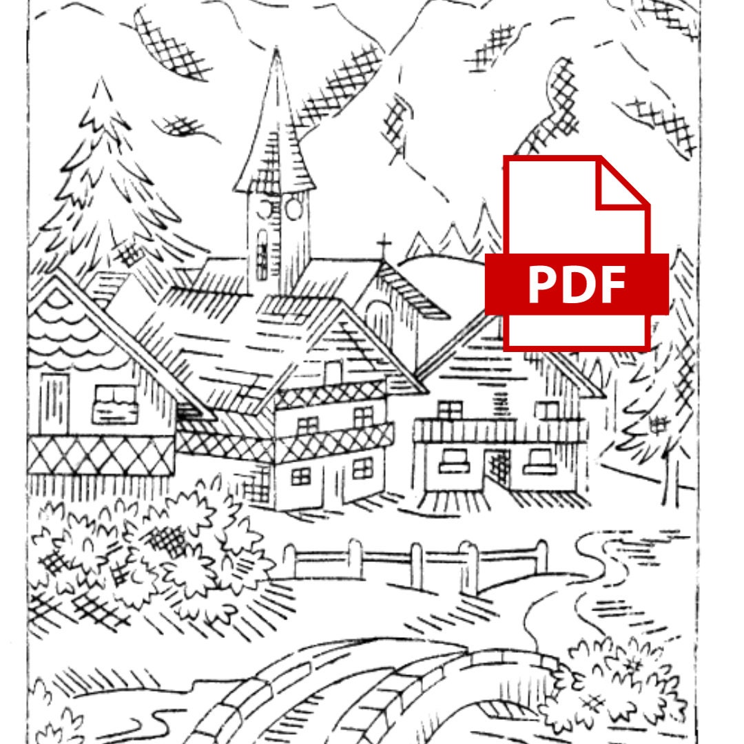 Vintage Alpine Village Scene Hand Embroidery Pattern – Detailed ...