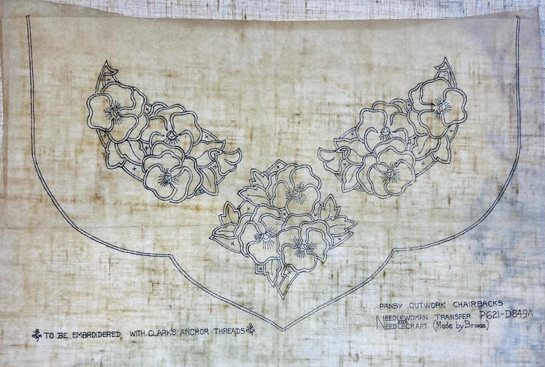 Pansy Cutwork Hand Embroidery Design for Chairback, Vintage Iron-on ...