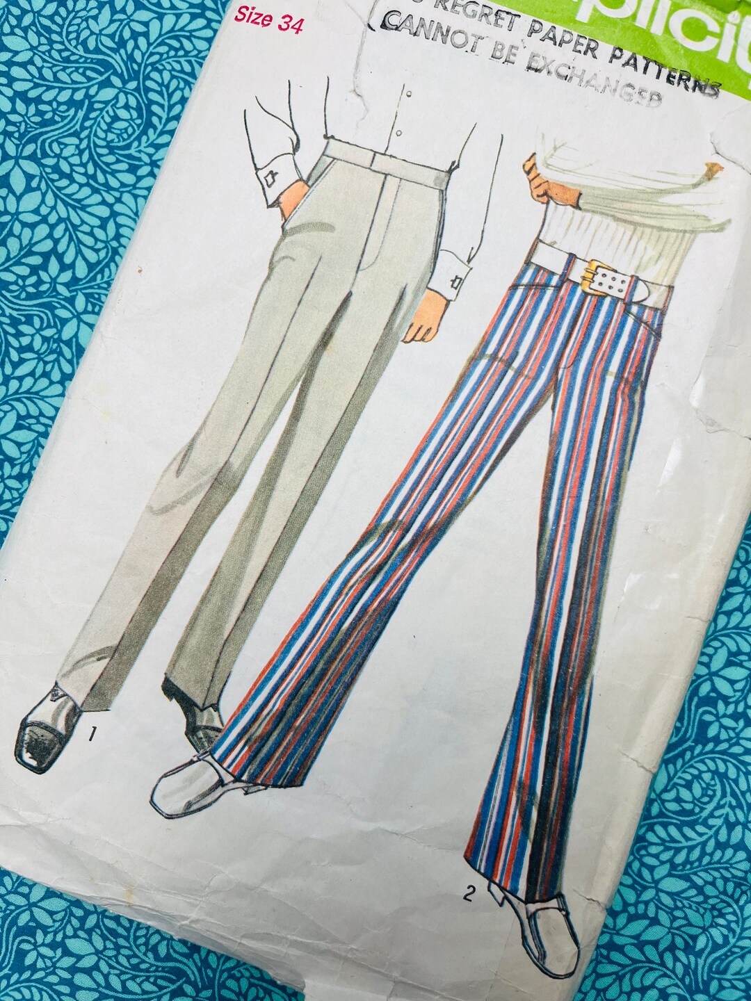 Waist 34" – 1971 Men's Pants Sewing Pattern – Jean-cut Bell Bottoms ...