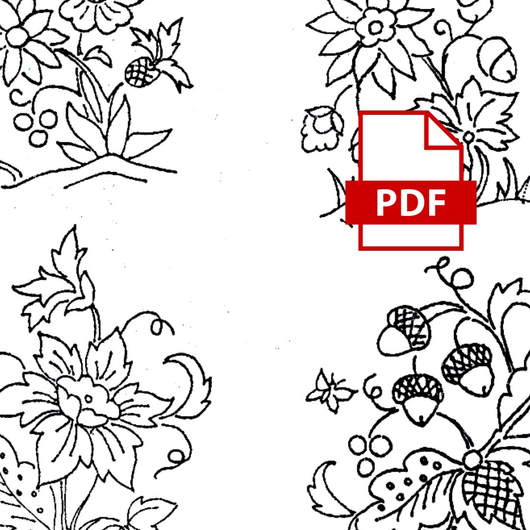 Jacobean Floral Crewel Embroidery Pattern PDF – Leaves, Acorns ...