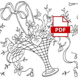 Antique Edwardian Hand Embroidery Design, Basket of Flowers With ...