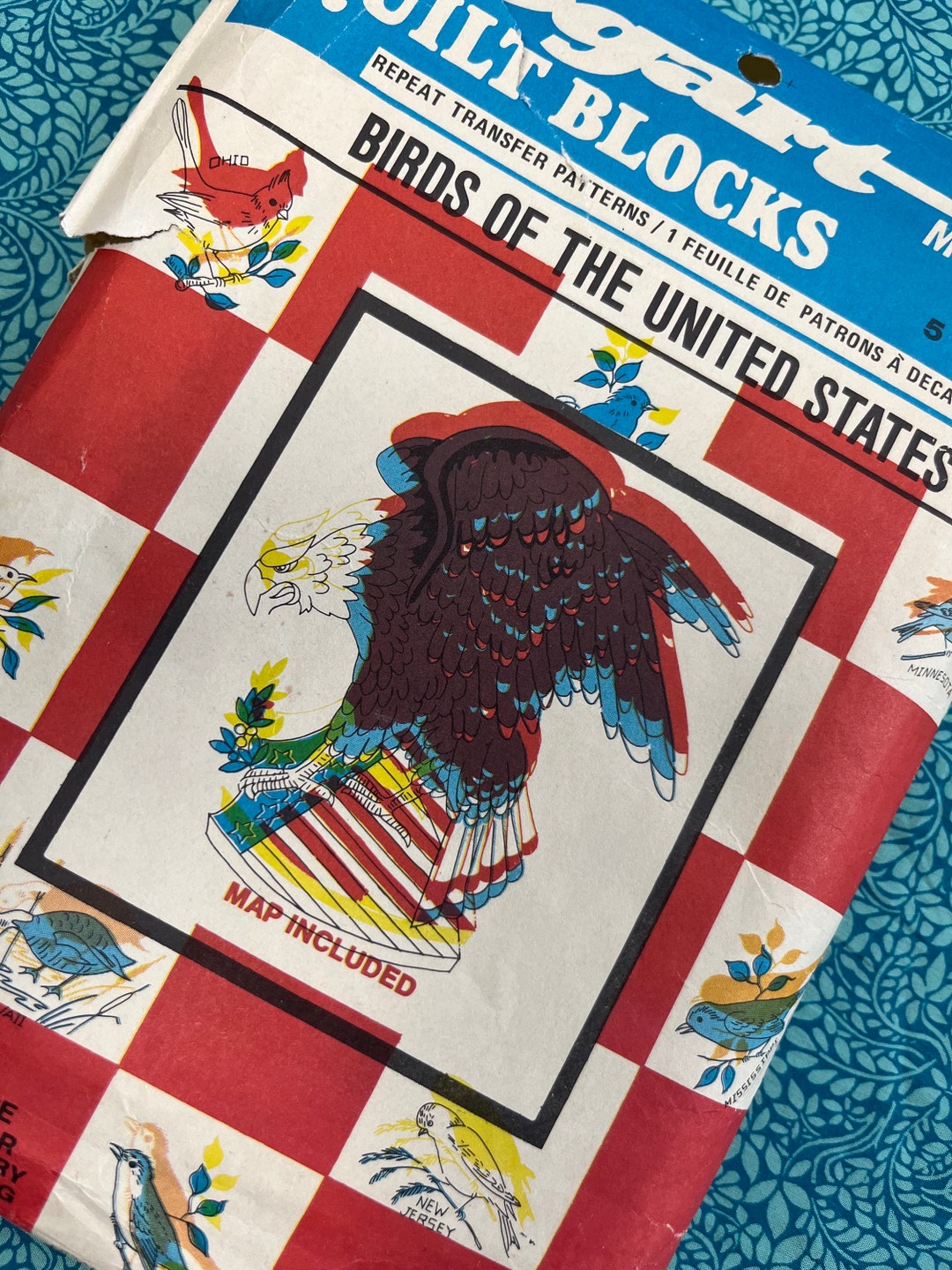 Vintage 70s Vogart Quilt Blocks Birds of the United States, USA Map ...