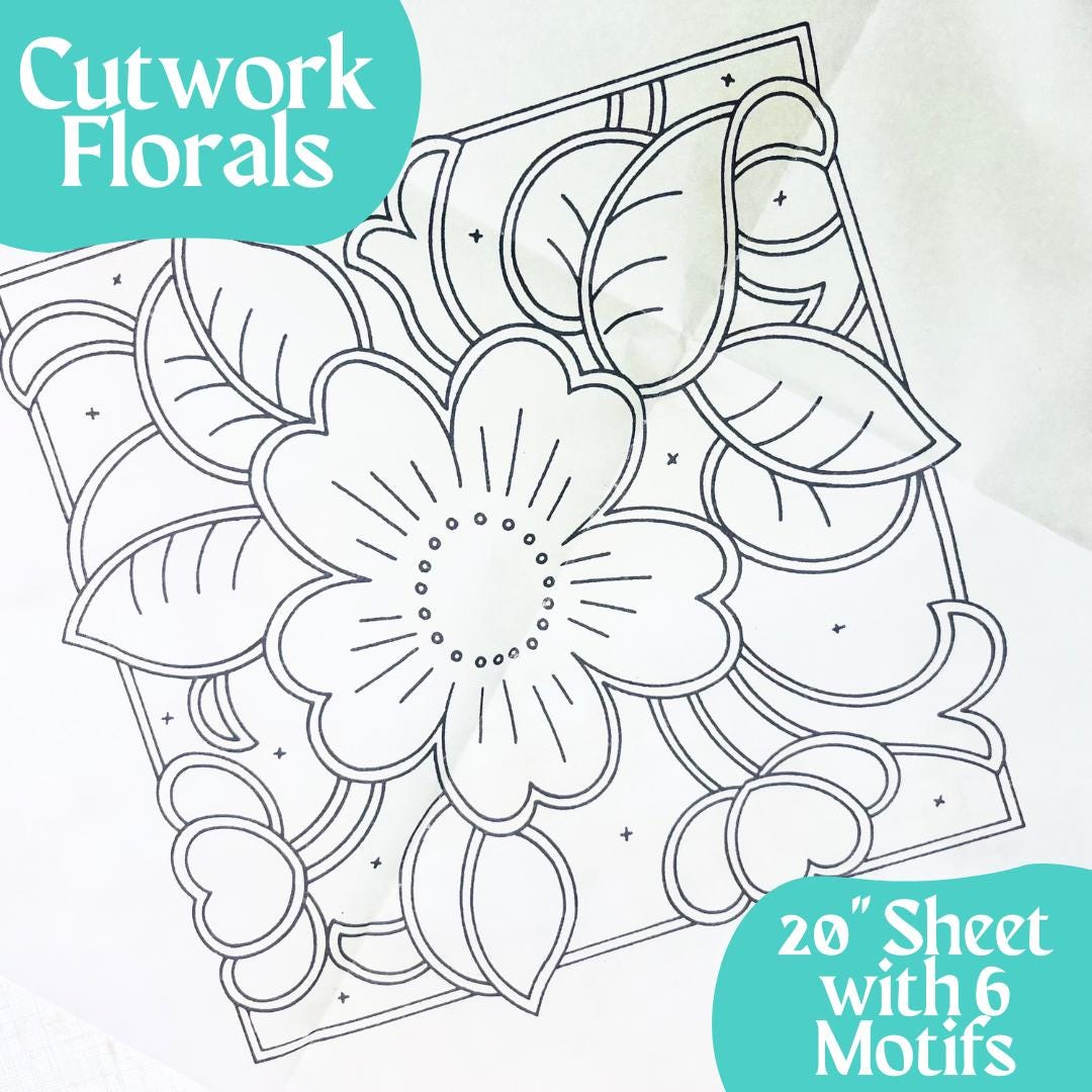 Large 20" Sheet of 6 Cutwork Corner Motifs, Vintage Floral Iron-on Hand ...