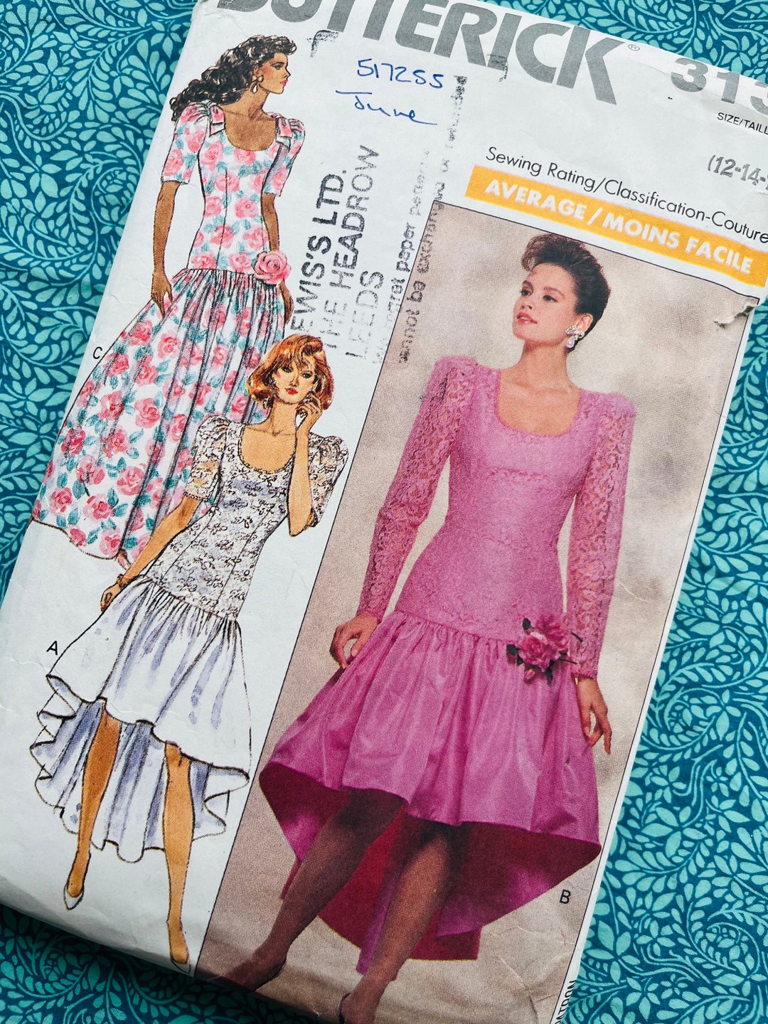 Bust 34-6" Vintage 80s Butterick Sewing Pattern 3138, Drop Waist Formal ...