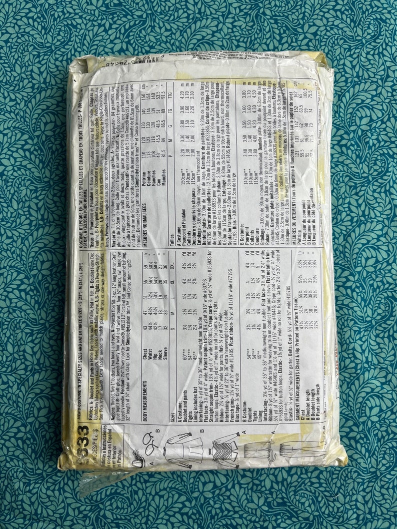 Chest 23-25 Simplicity Costume Sewing Pattern by Andrew Schewe, Doublet ...