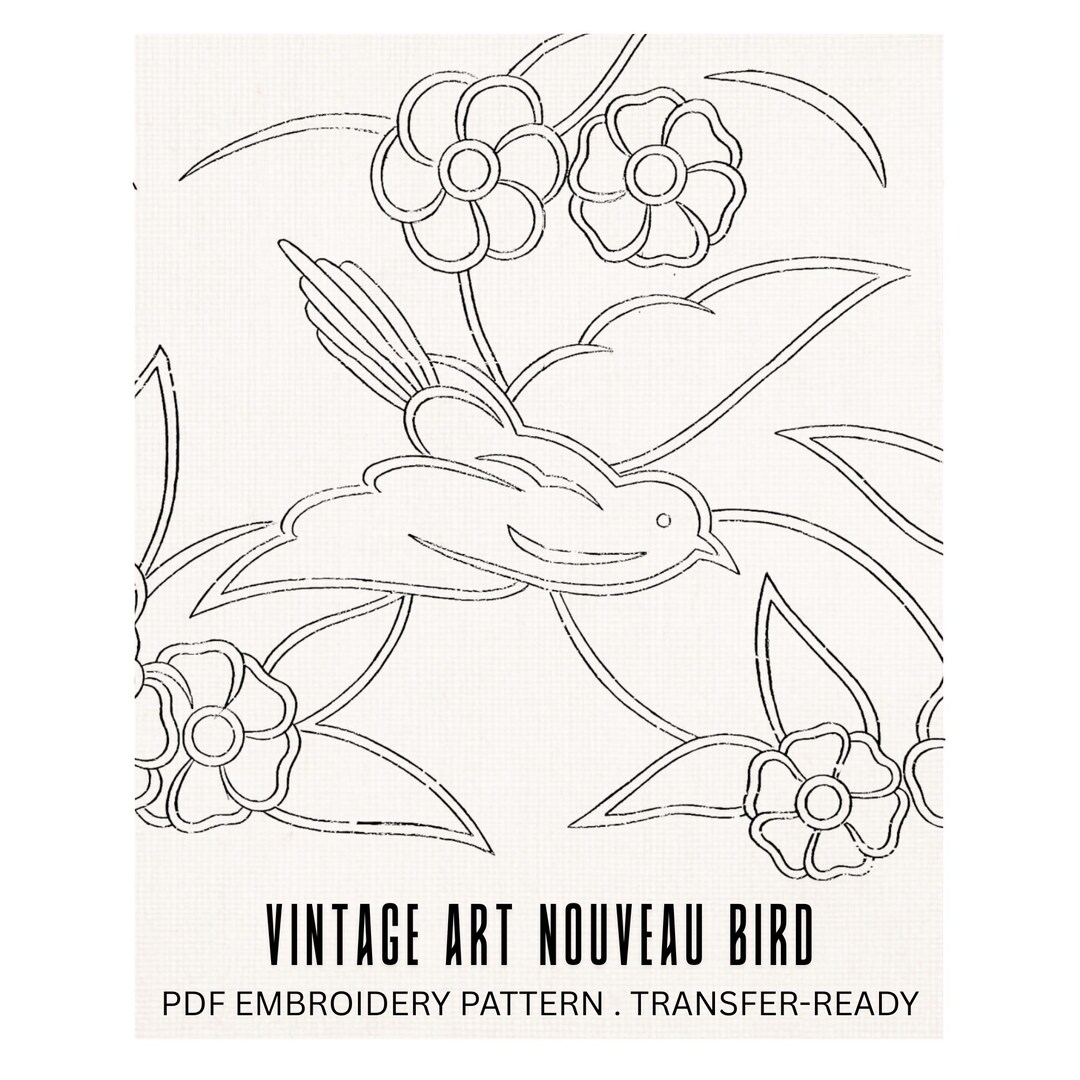 Vintage Hand Embroidery Pattern PDF, Art Nouveau Style Bird and Floral ...