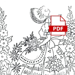 Bordado a mano vintage en PDF: Dama de crinolina recogiendo flores ...
