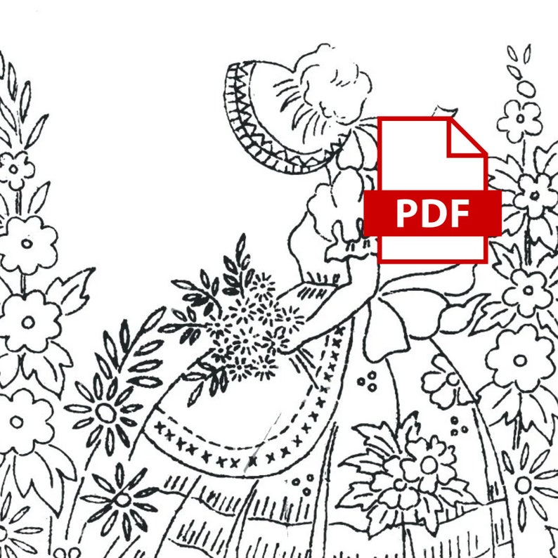 Bordado a mano vintage en PDF: Dama de crinolina recogiendo flores ...