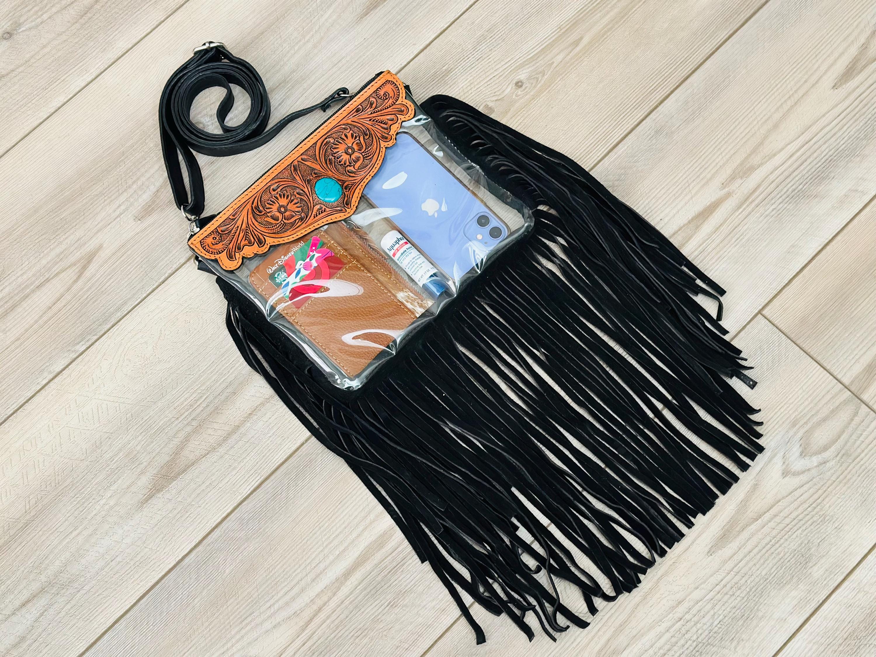 Clear Western Crossbody Bag With Fringes and Turquoise Stone – Rodeo ...