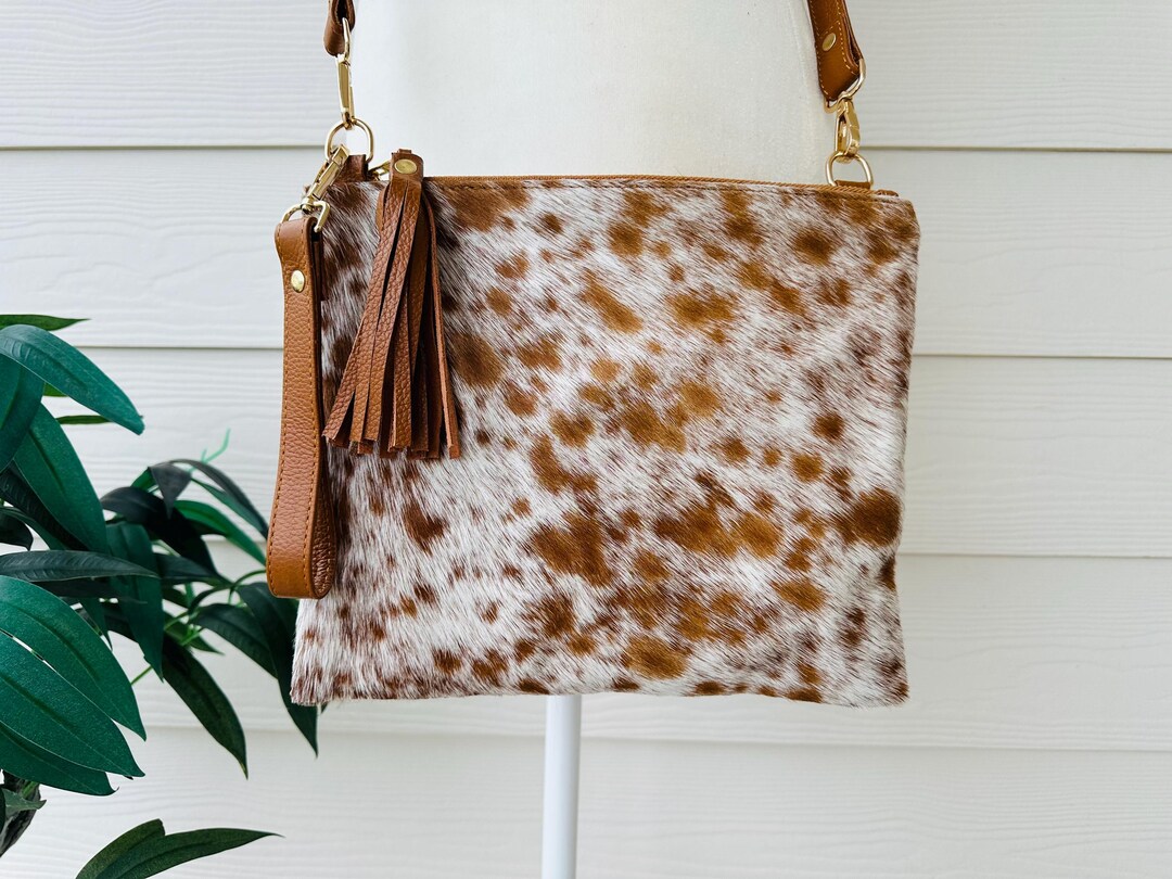 Real Cowhide Crossbody Bag | Tan Leather Western Purse, Wristlet Clutch ...