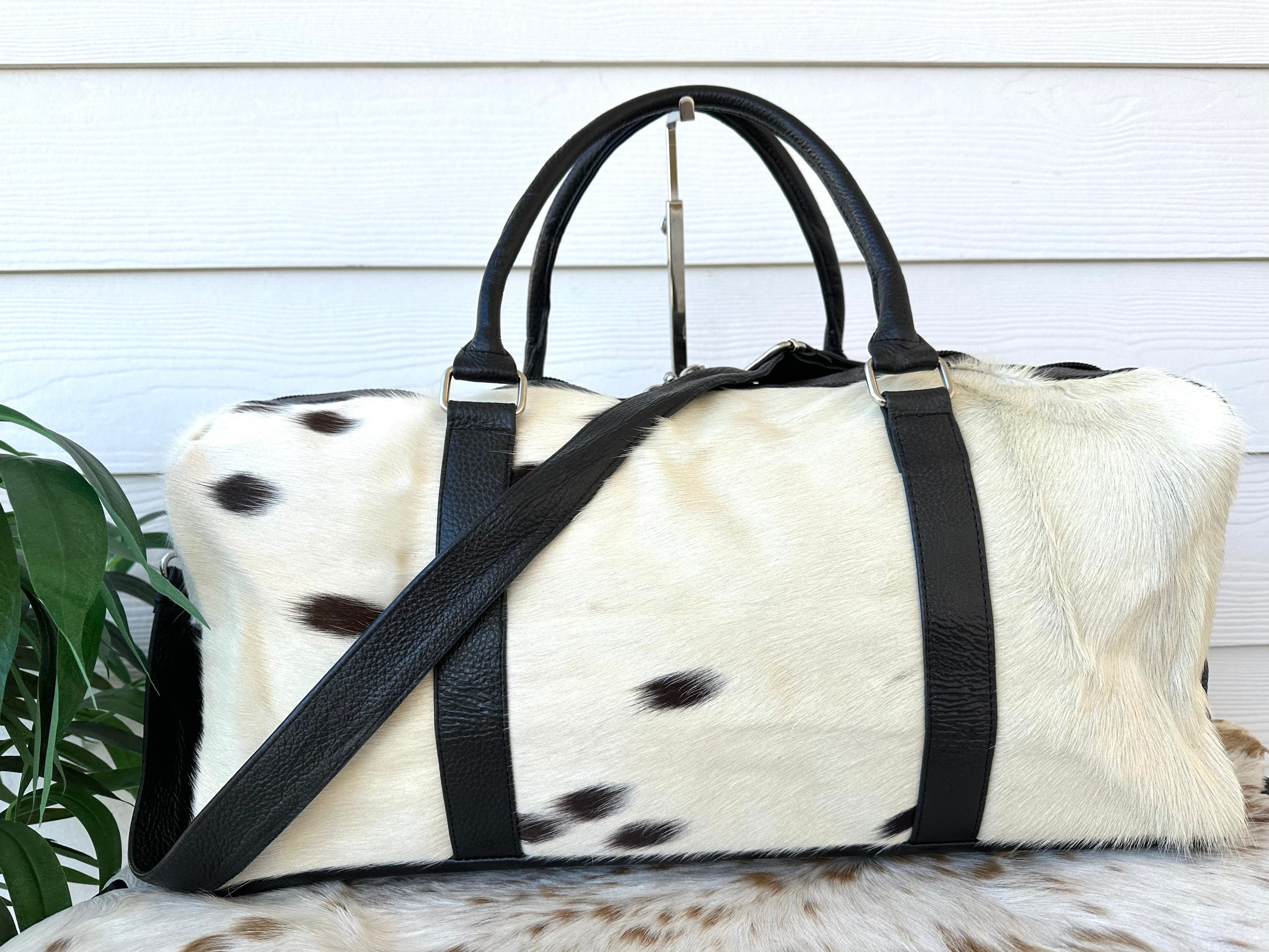 Cowhide Leather Black Duffel Bag Real Natural Cow Skin Fur - Etsy