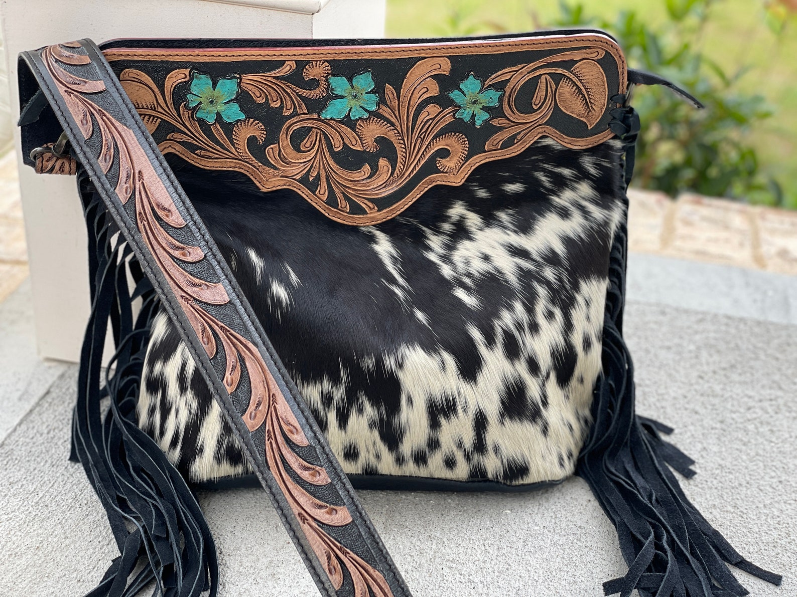 Cowhide Crossbody Purse Handbag Western Bag Turquoise Black Brown Cow ...