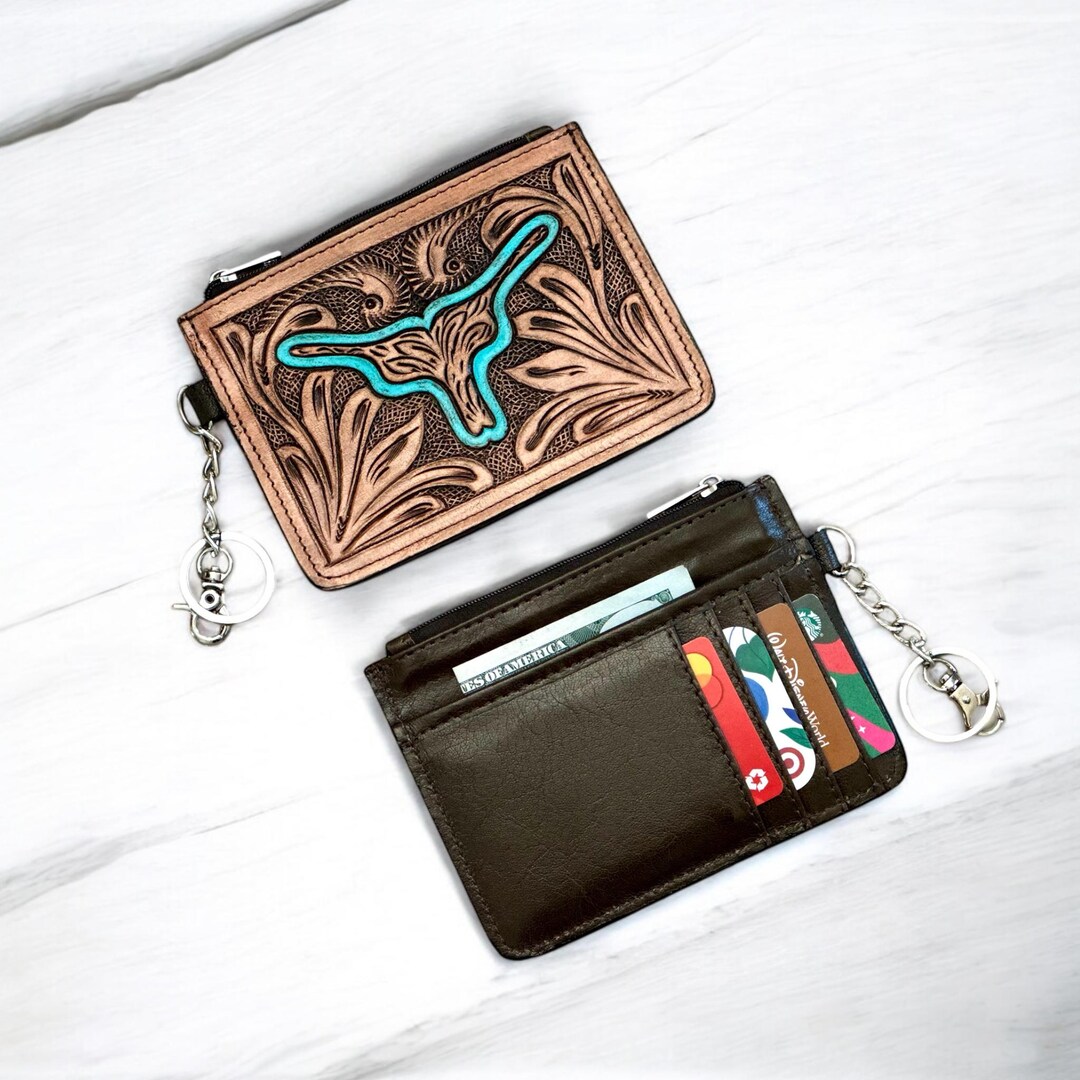 Western Tooled Leather Wallet Longhorn Credit Card Holder Case Change ...