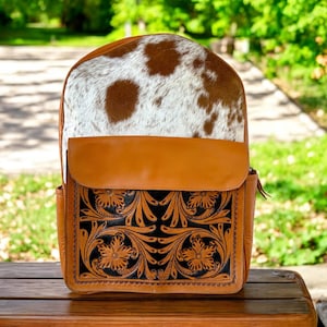Western Cowhide and Tooled Leather Backpack in Tan Rodeo Cowgirl Gifts ...