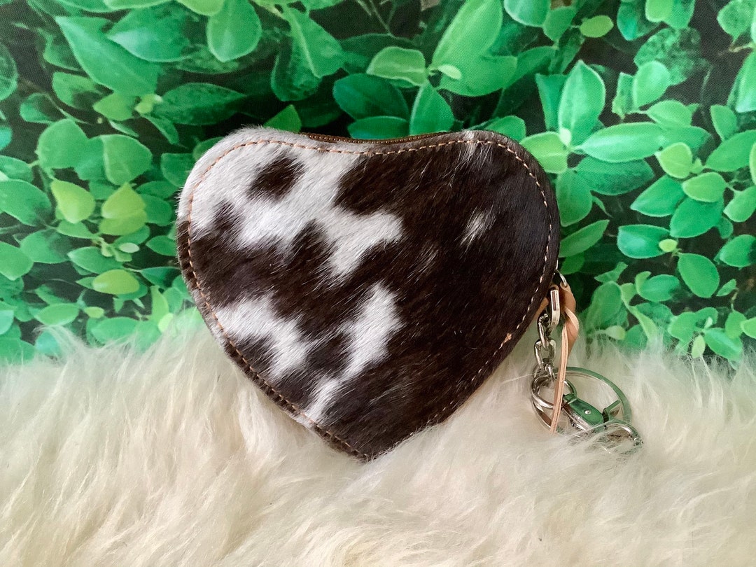 Real Cowhide Coin Change Purse Heart AirPod Case Keychain Wallet Cow ...