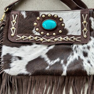 Cowhide Crossbody Purse Western Bag With Fringes Turquoise Handbag ...